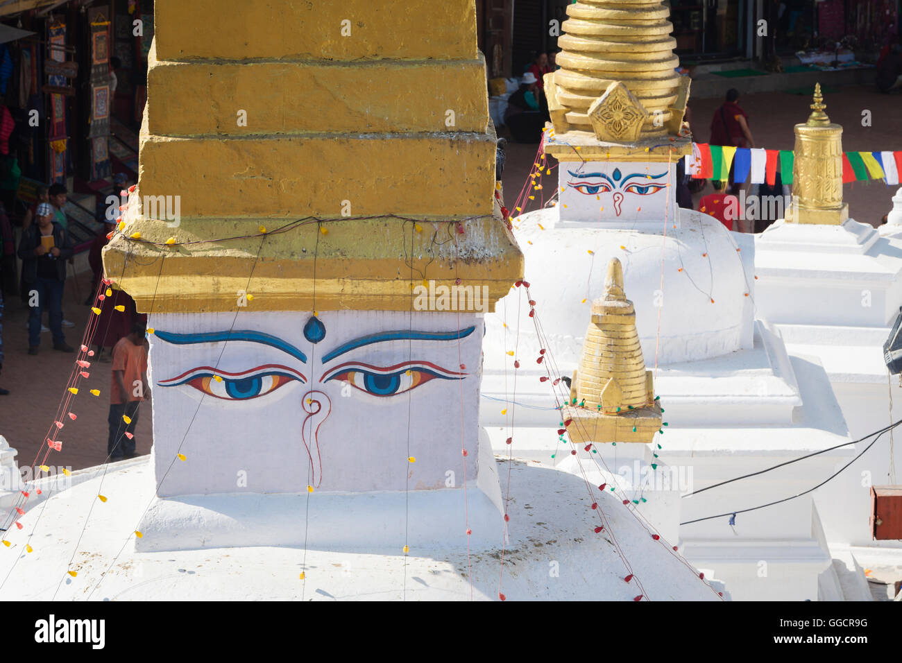The eyes of the small stupa at the Boudhanath site in Kathmandu, Nepal ...