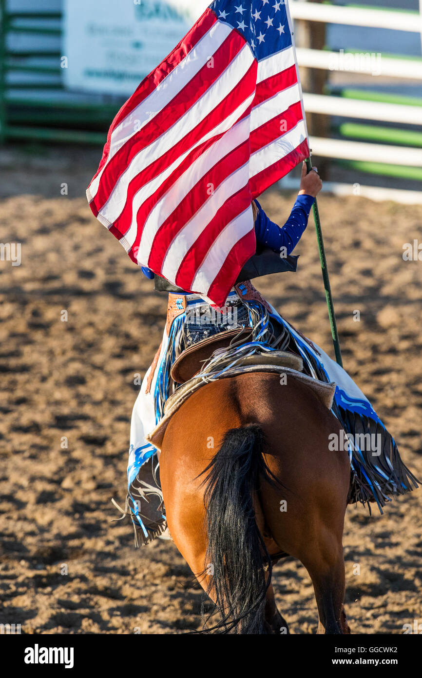Rodeo Queen on horseback with American Flag; Chaffee County Fair ...