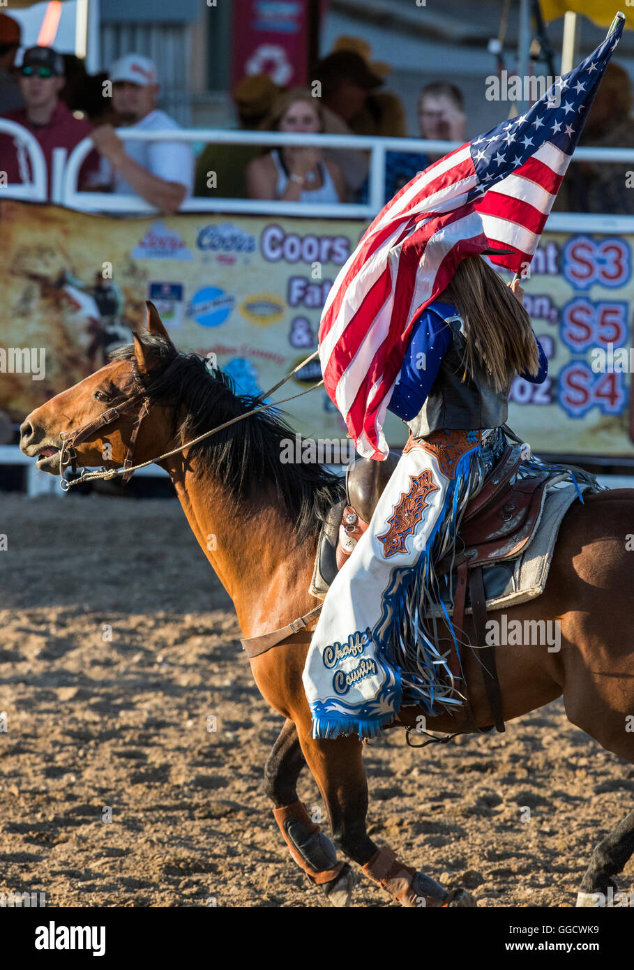 Rodeo Queen on horseback with American Flag; Chaffee County Fair ...