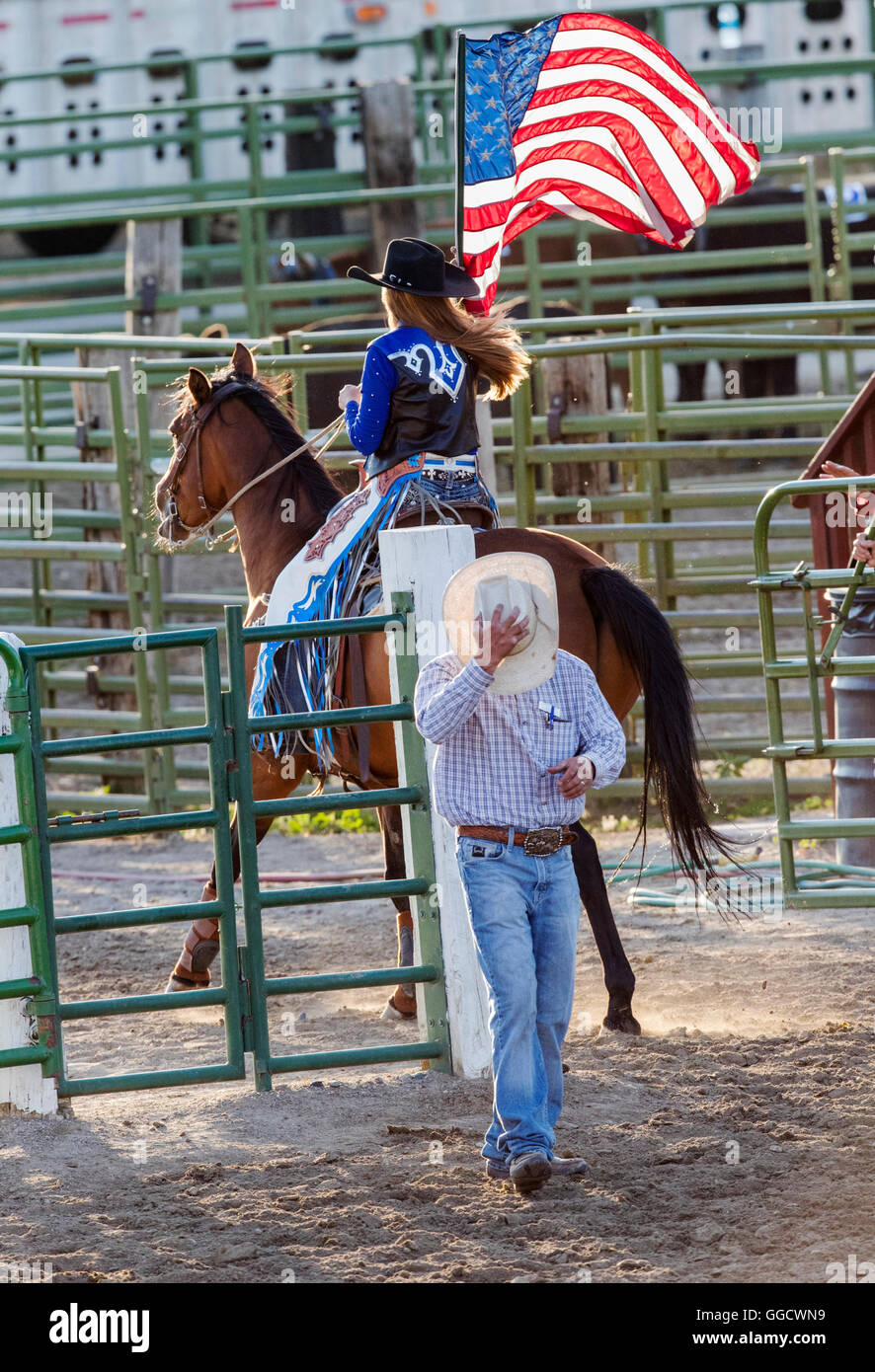 Rodeo Queen on horseback with American Flag; Chaffee County Fair ...
