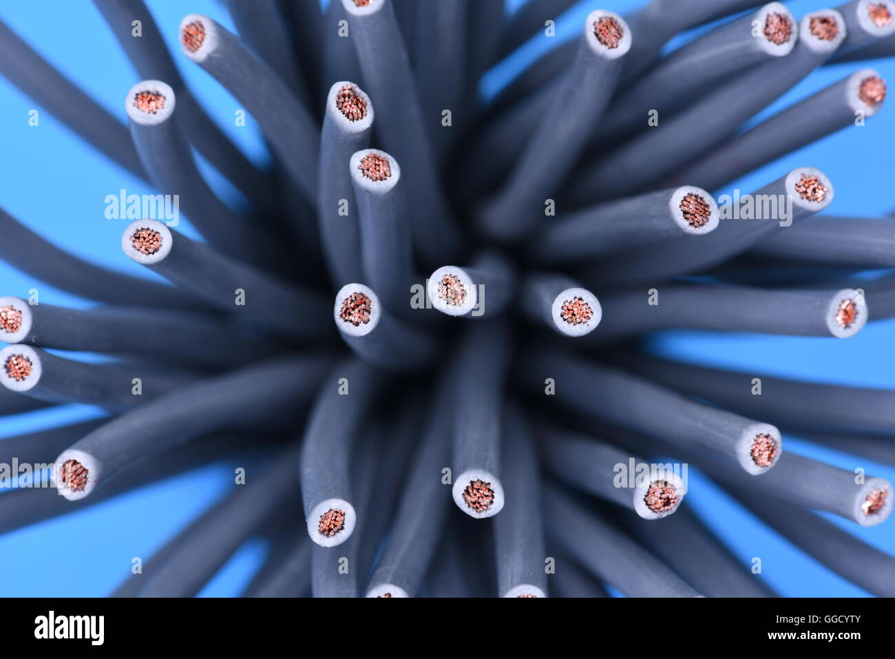 Electric cables on blue background closeup Stock Photo - Alamy