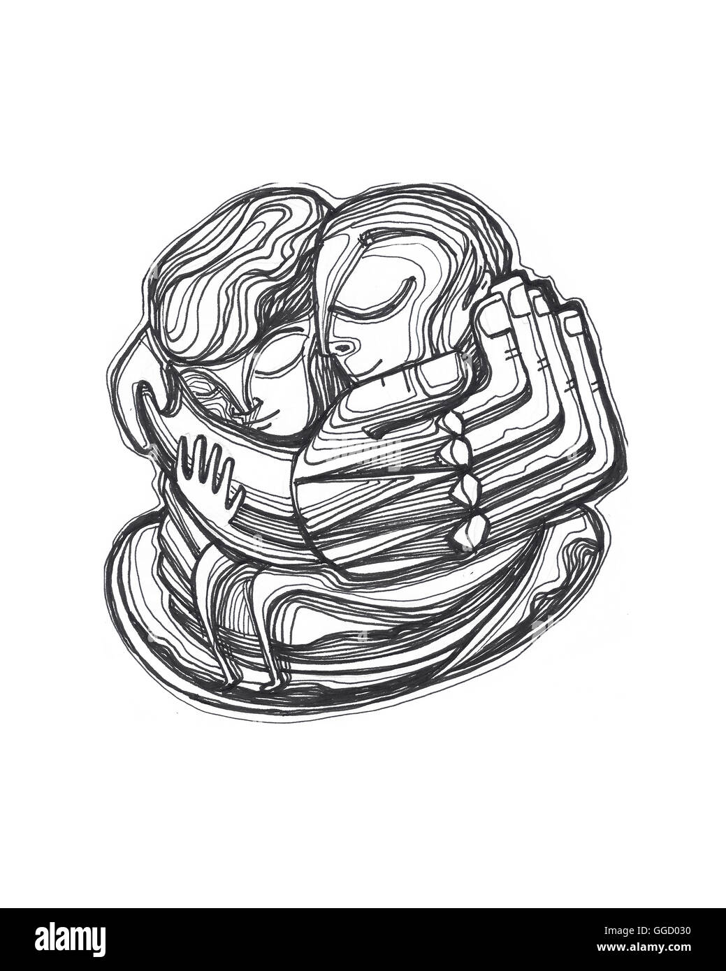 Hand drawn illustration or drawing of a man and a woman hugging each ...