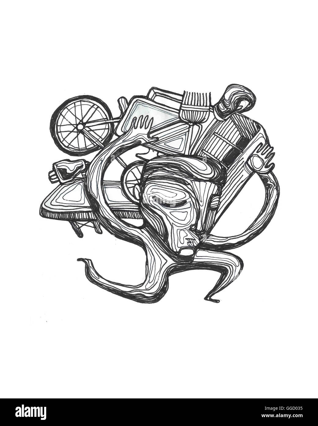 Hand drawn illustration or drawing of a man with move objects on his ...