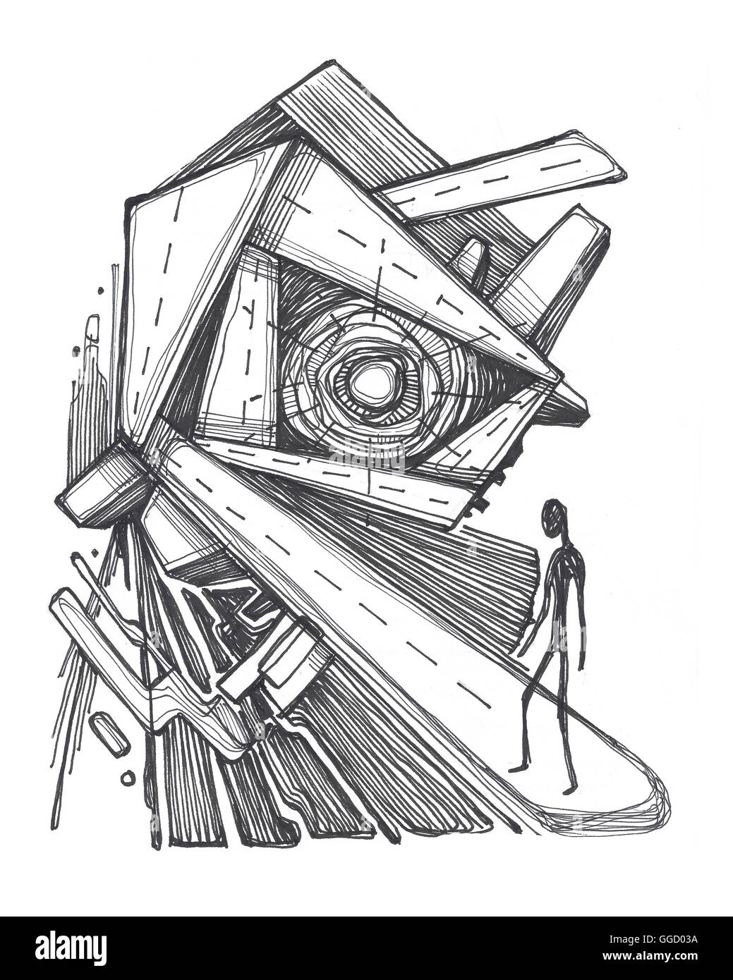 Hand drawn illustration or drawing of a man on an urban maze ...