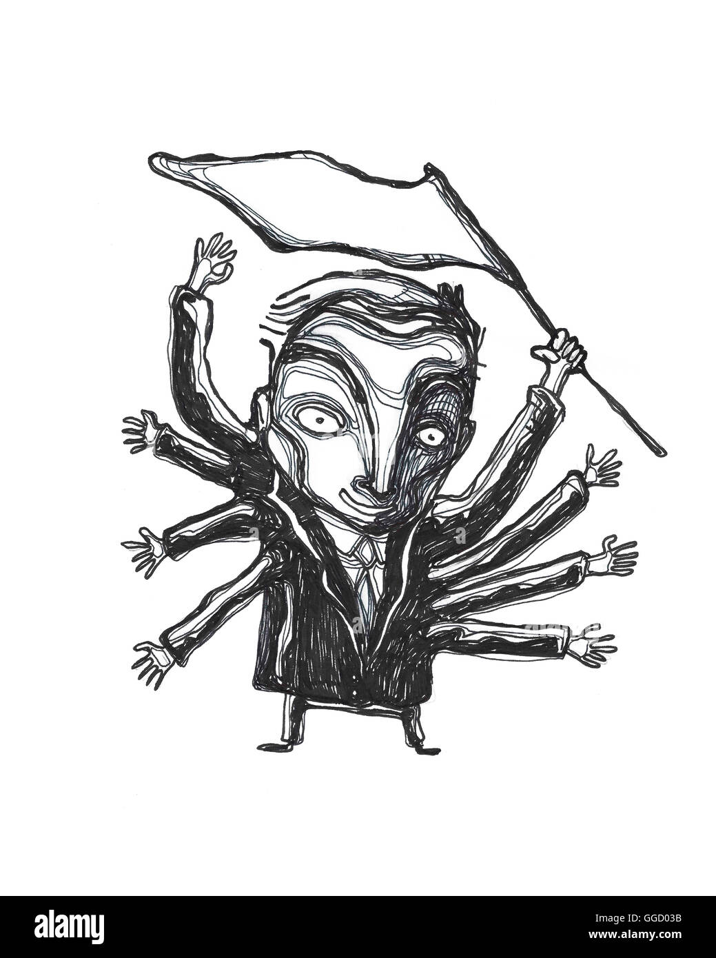 Hand drawn illustration or drawing of a man in a suit with eight arms ...