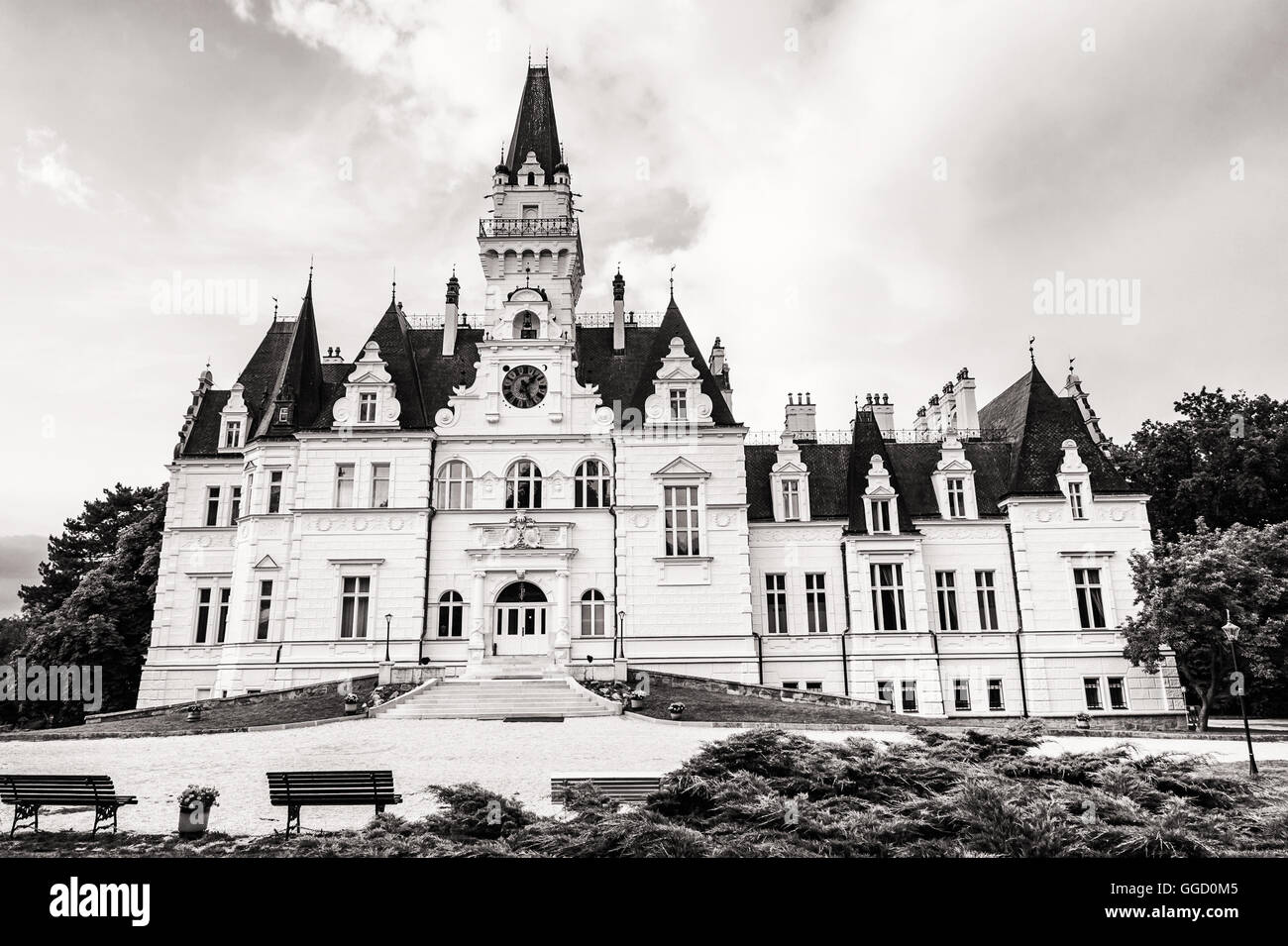 Beautiful Budmerice castle in Slovak republic. Black and white photo ...