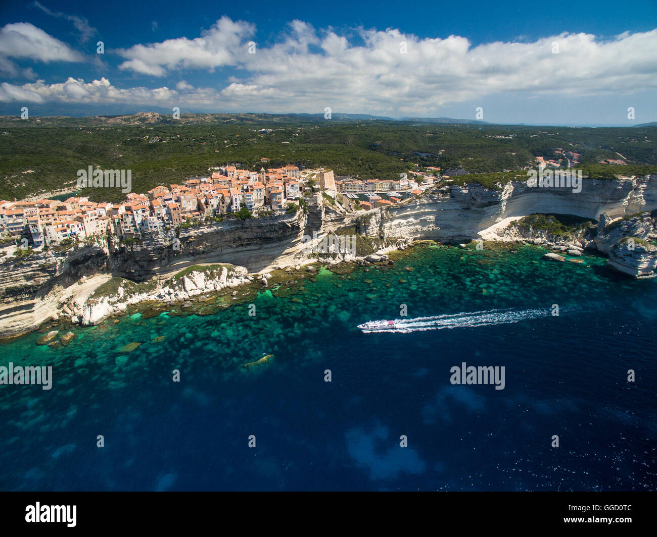 Aerial view of the Old Town of Bonifacio, the limestone cliff, South ...