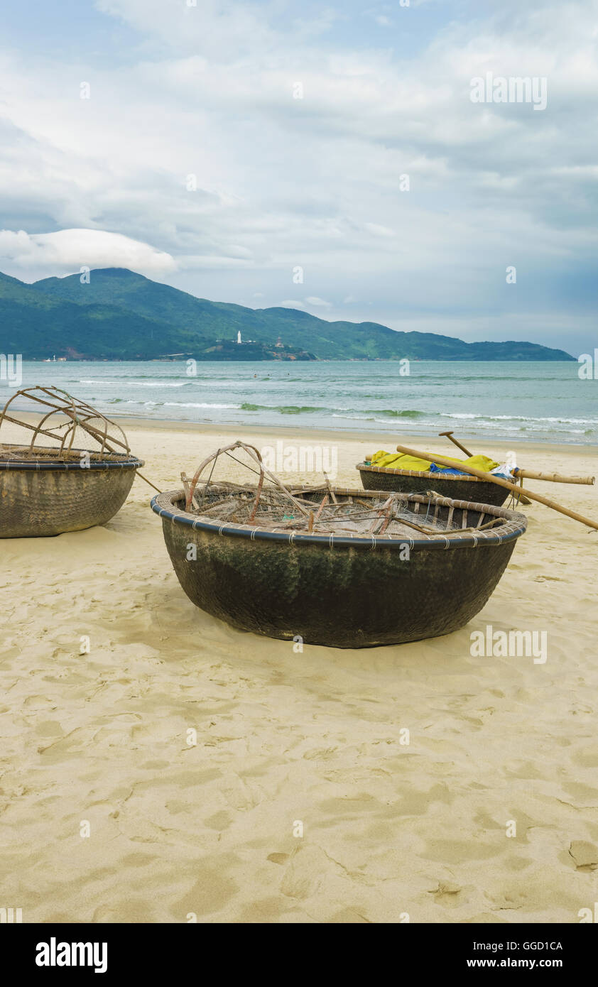 Bamboo waterproof round fishing boats on the China Beach in Danang in ...