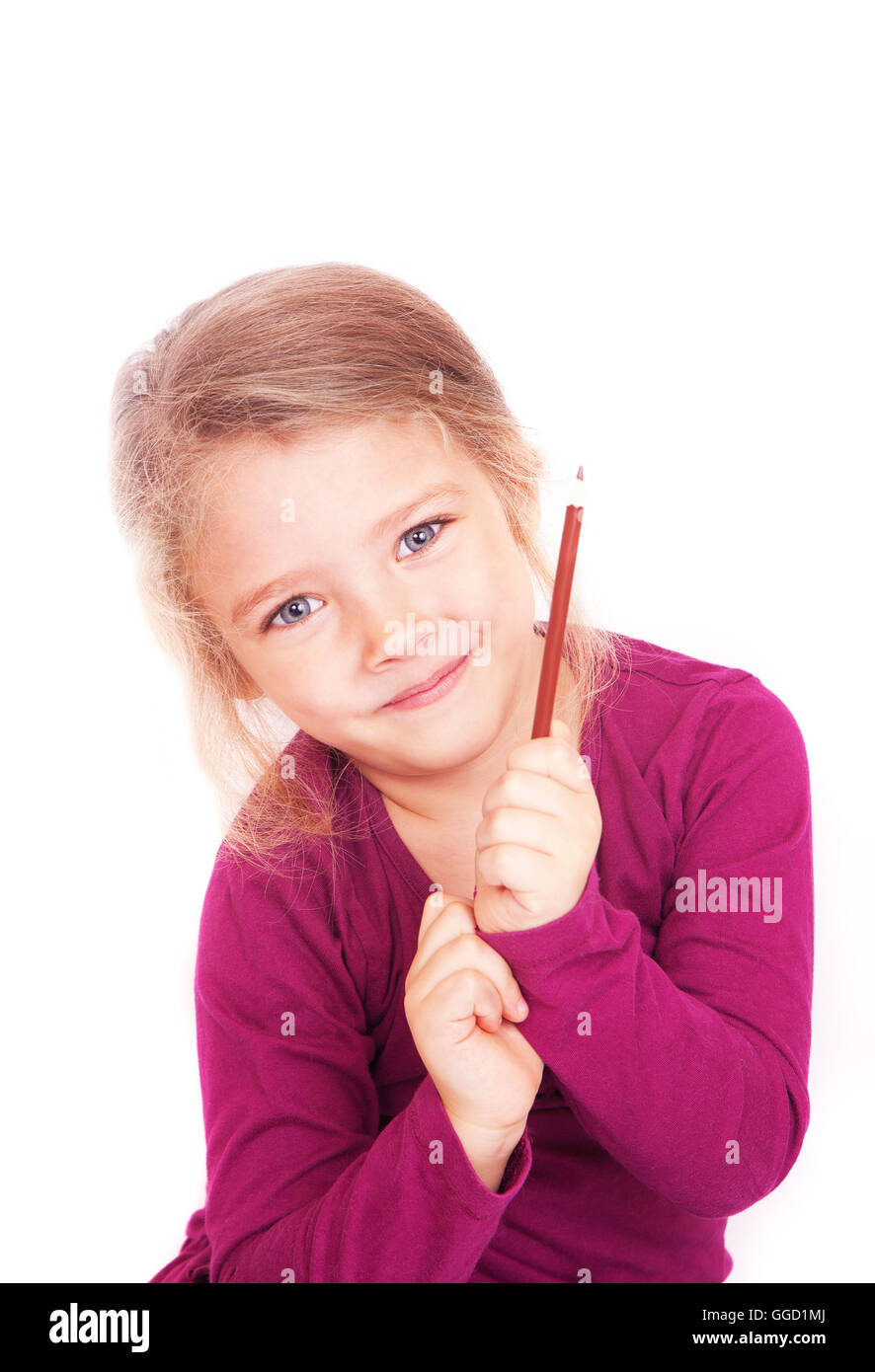 Portrait of a cute little girl with pencil in hand on a white ...
