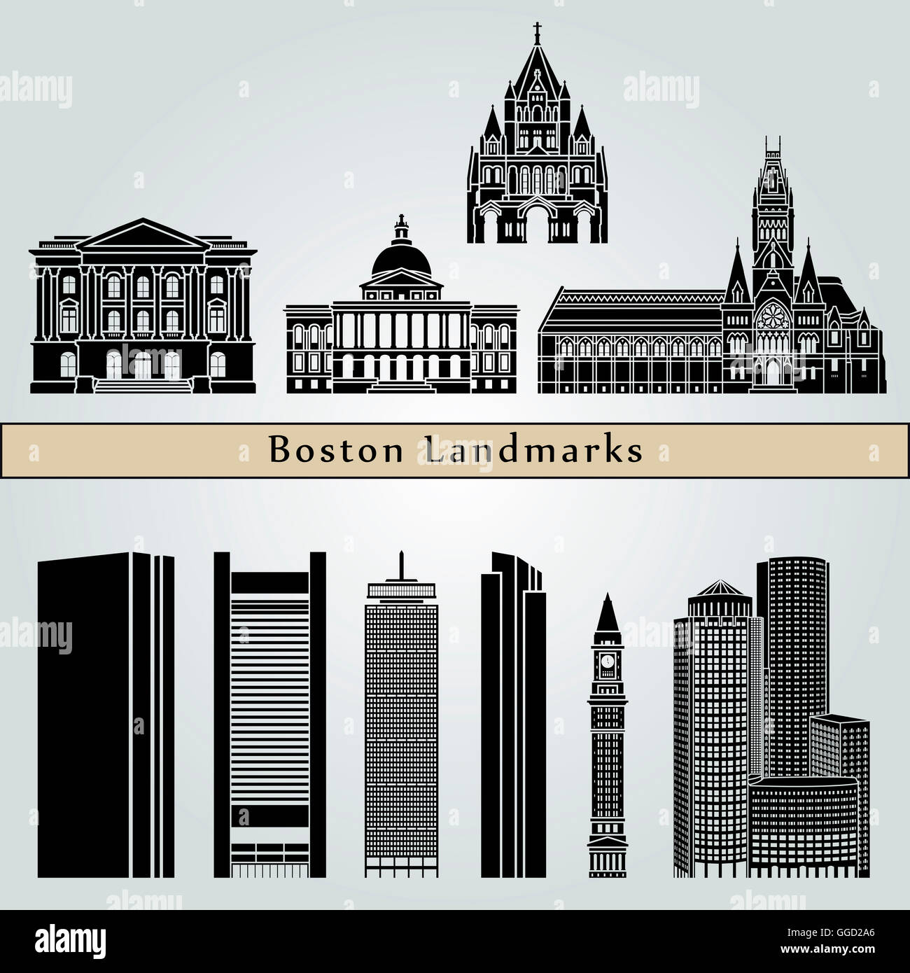 Boston landmarks and monuments isolated on blue background in editable ...