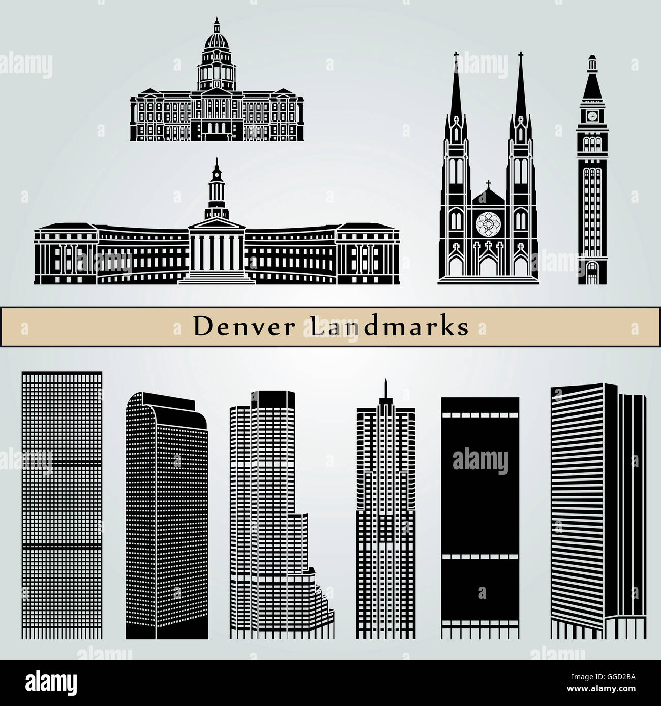Denver landmarks and monuments isolated on blue background in editable ...