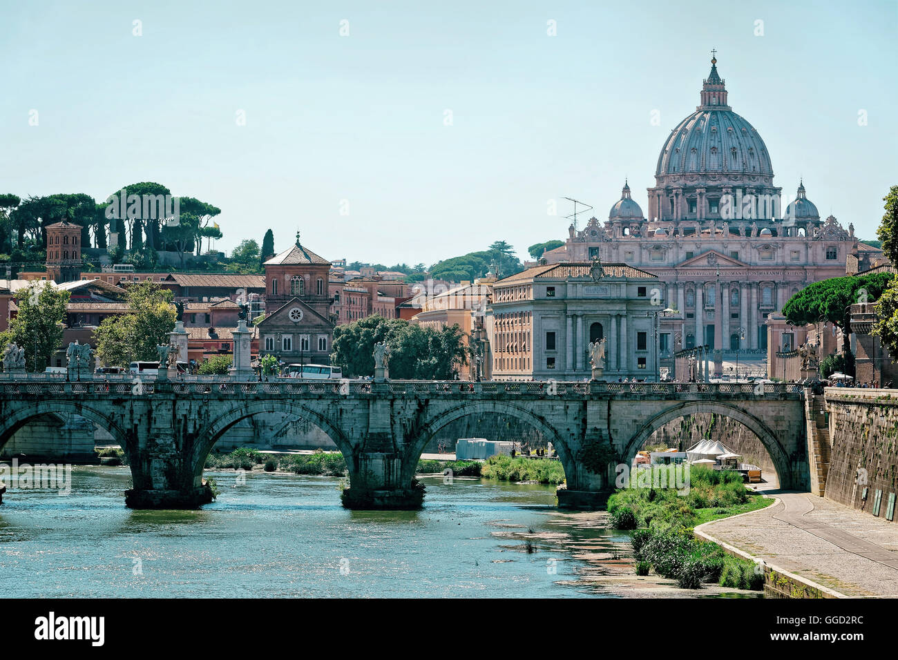 Saint Peter Basilica Dome in Vatican city and Ponte Sant Angelo Bridge ...