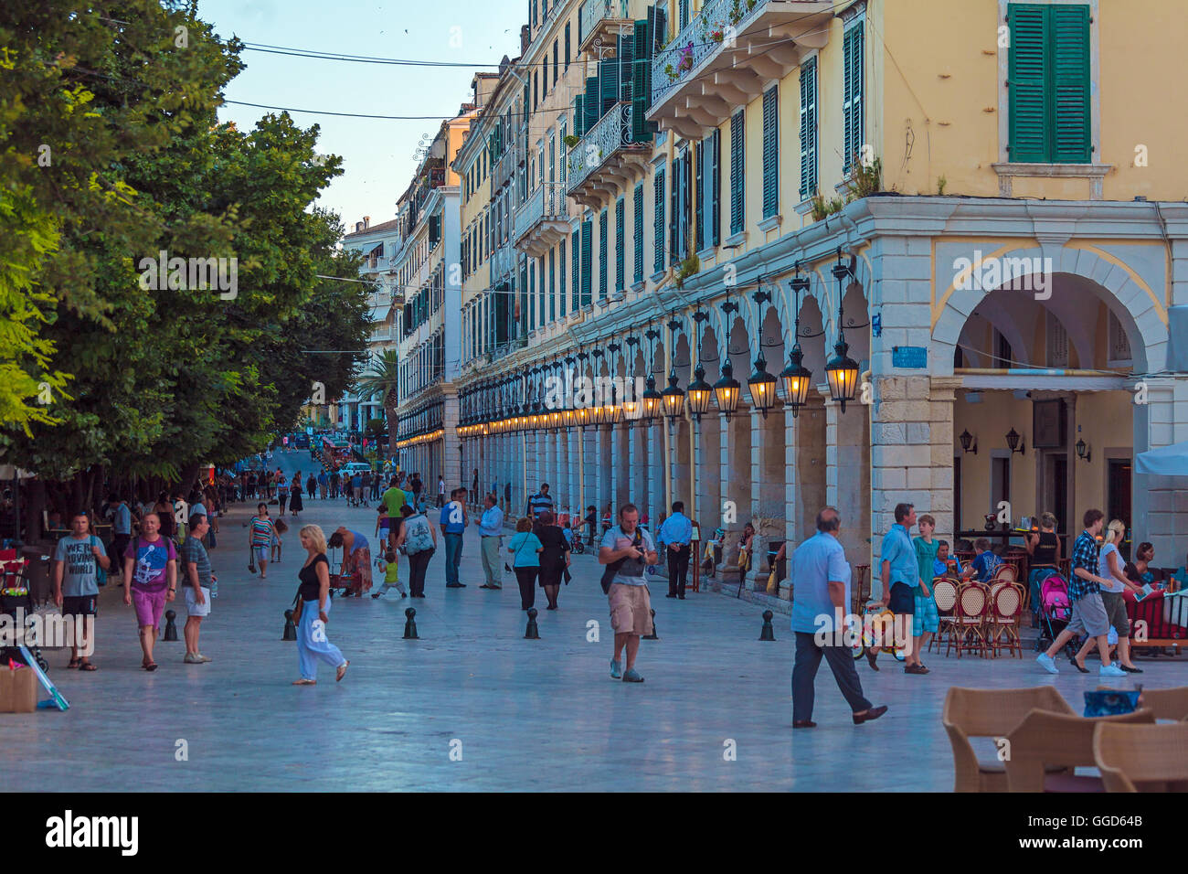 CORFU, GREECE - JULY 6, 2011: Night life of Liston, main promenade of ...