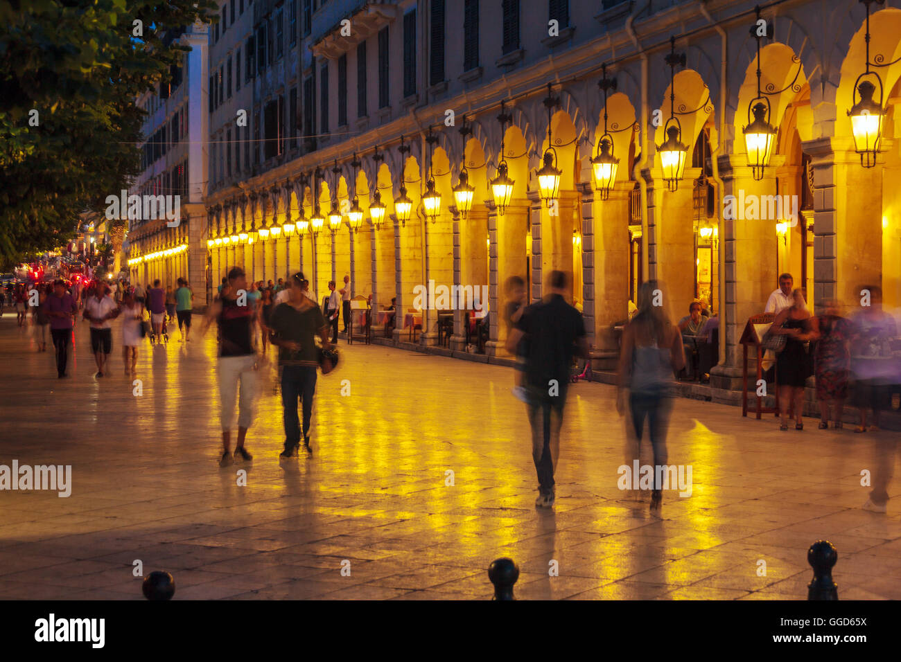 CORFU, GREECE - JULY 6, 2011: Night life of Liston, main promenade of ...
