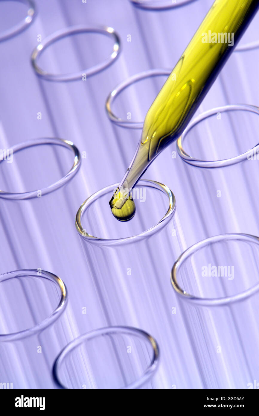 Laboratory glass pipette with drop of yellow liquid above test tubes ...