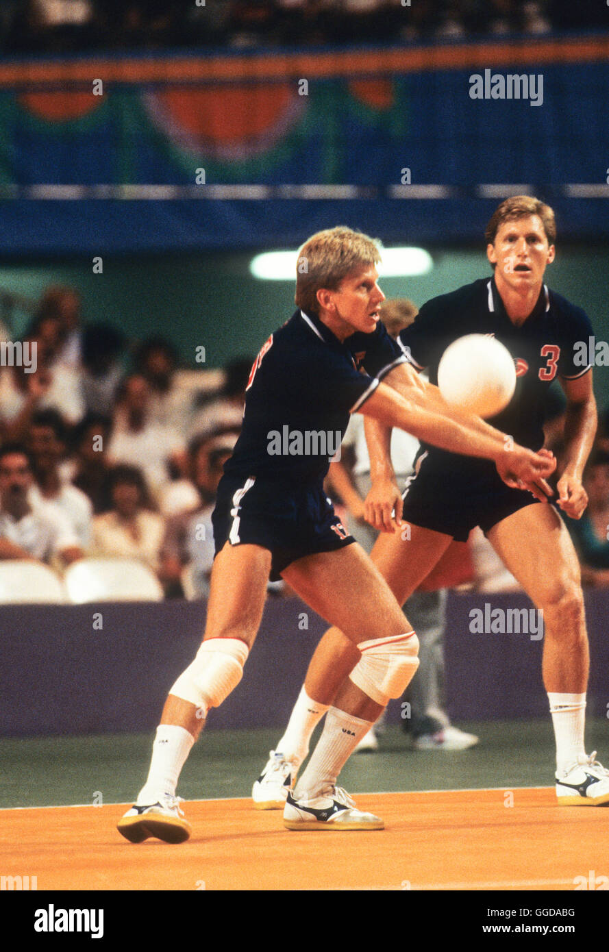 USA Aldis Berzins, Steve Salmons (#3) in action during match at Long ...