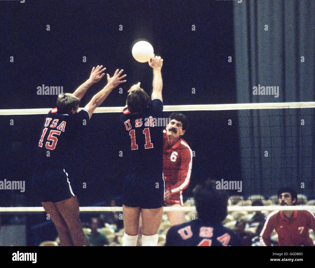 USA #15 Karch Kiraly, #11 ? in action during match with Bulgaria at ...