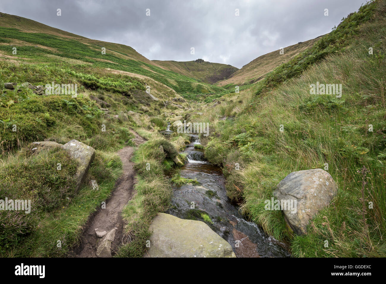 Rocky stream in Crowden Clough looking up to Crowden tower on Kinder ...