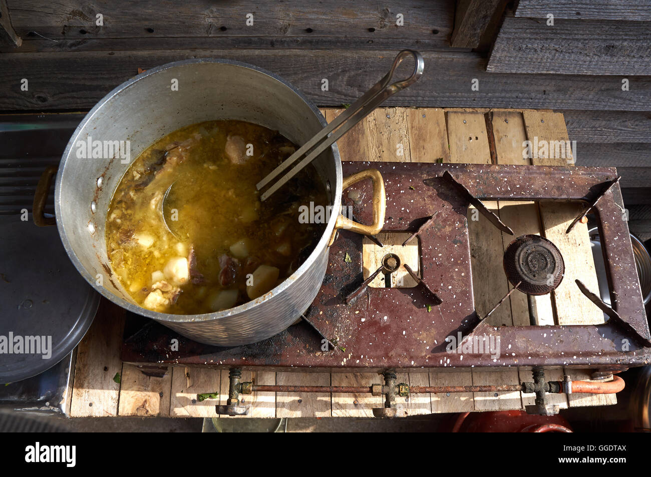 old vintage iron metal cooking pot, open Stock Photo - Alamy