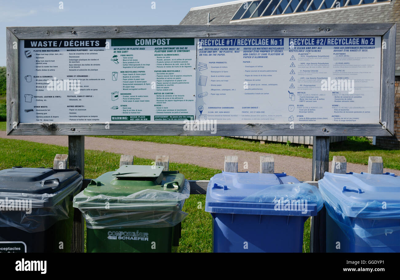 Extensive recycling and composting sign and bins on Price Edward Island ...