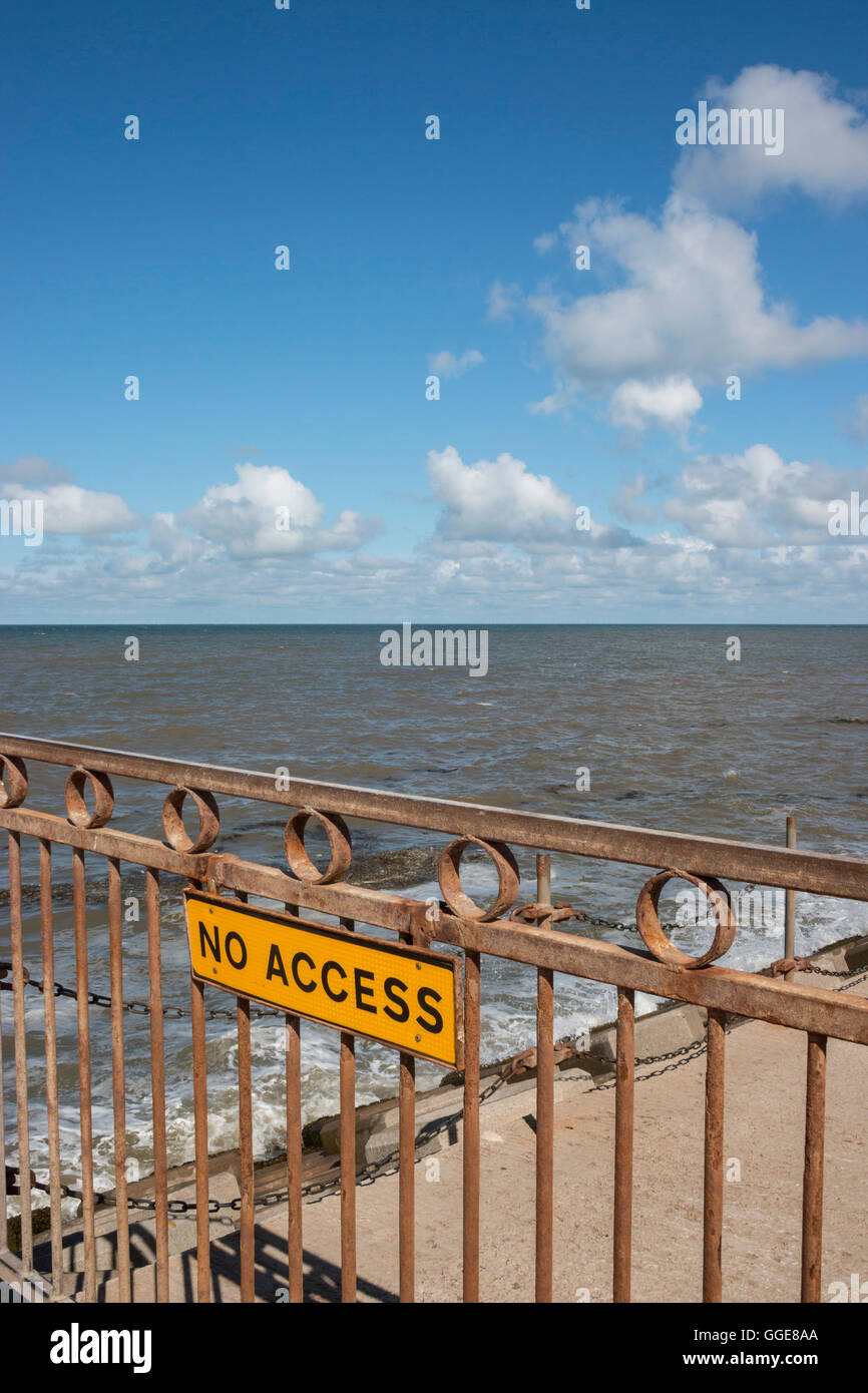 No access sign in front of the sea art Blackpool Beach Stock Photo - Alamy