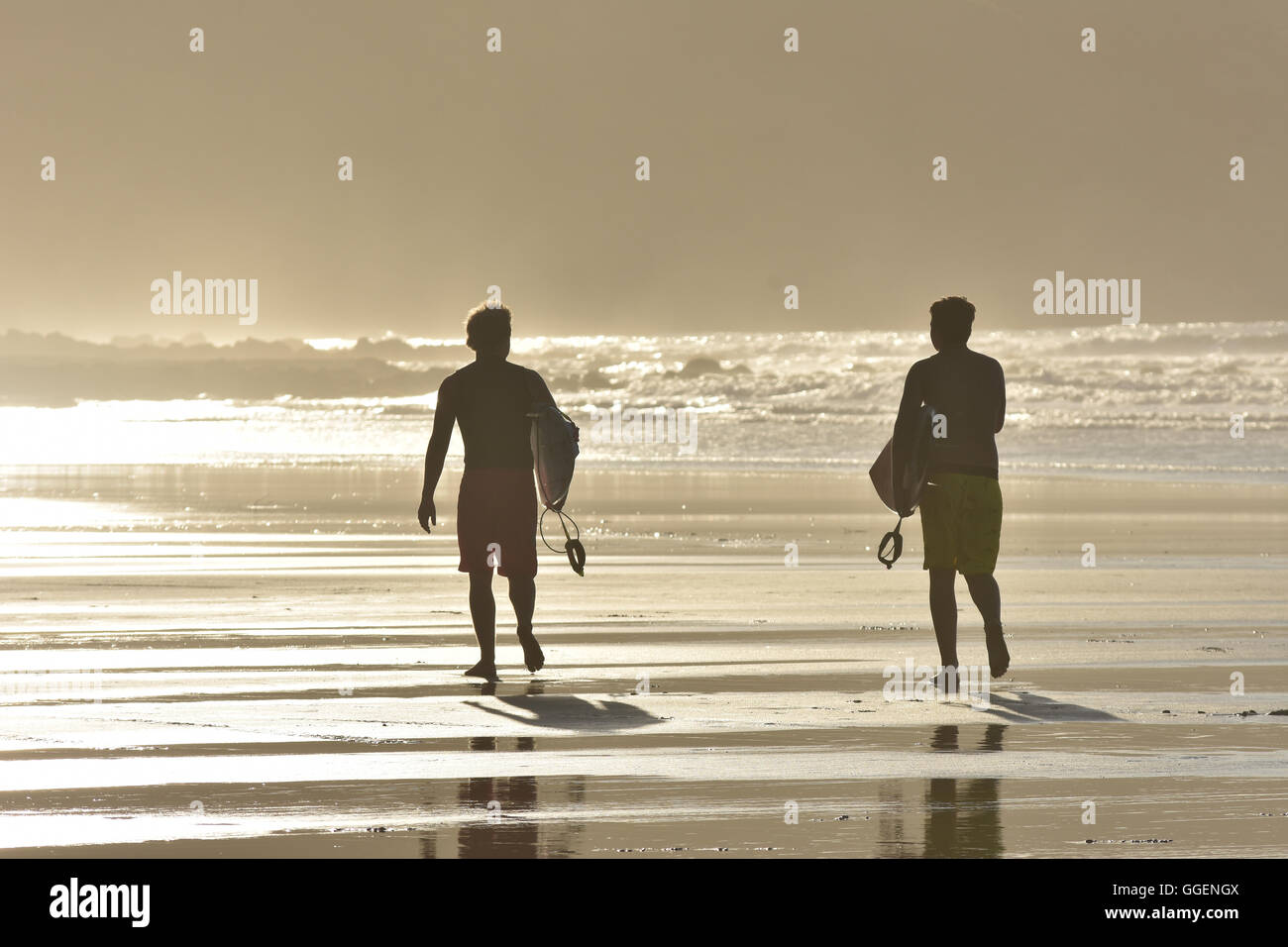 Two men going surfing in evening Stock Photo - Alamy