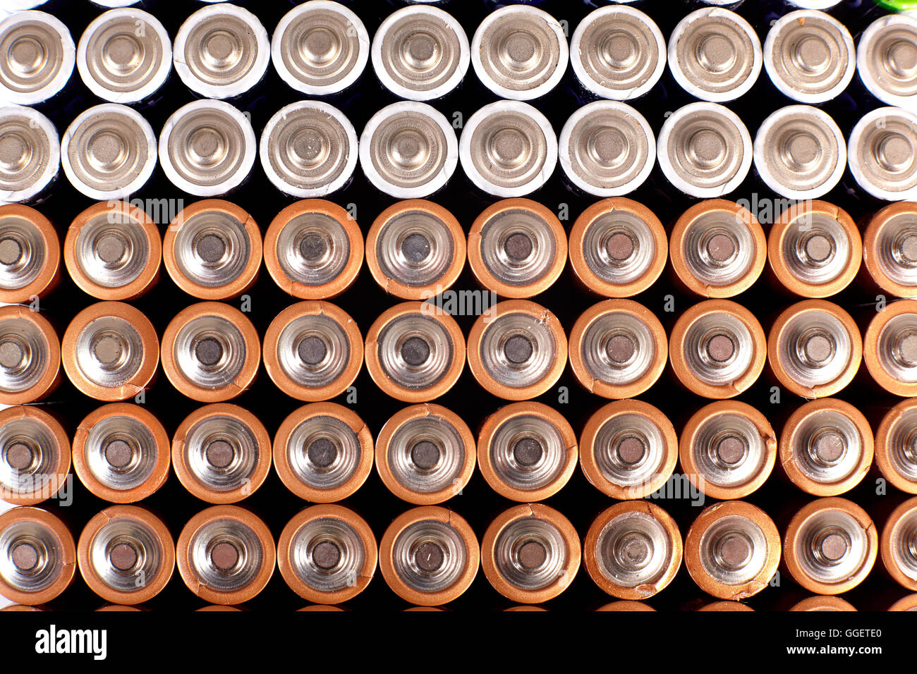 gold batteries in rows with silver tops close up Stock Photo - Alamy