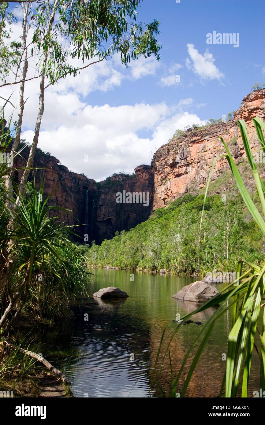 Looking out over the Jim Jim Falls waterhole to the falls in the ...