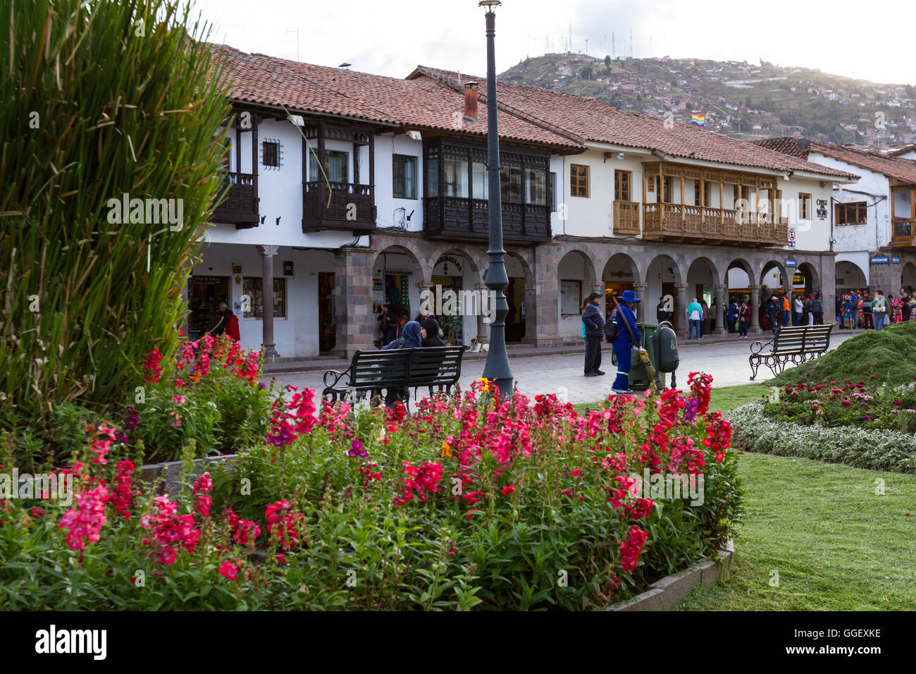 Cusco, Peru - May 13: Beautiful blooming flowers in the Plaza de Armas ...