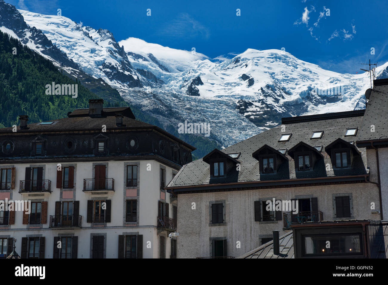 Center of European alpinism, Mount Blanc towers over Chamonix, France ...
