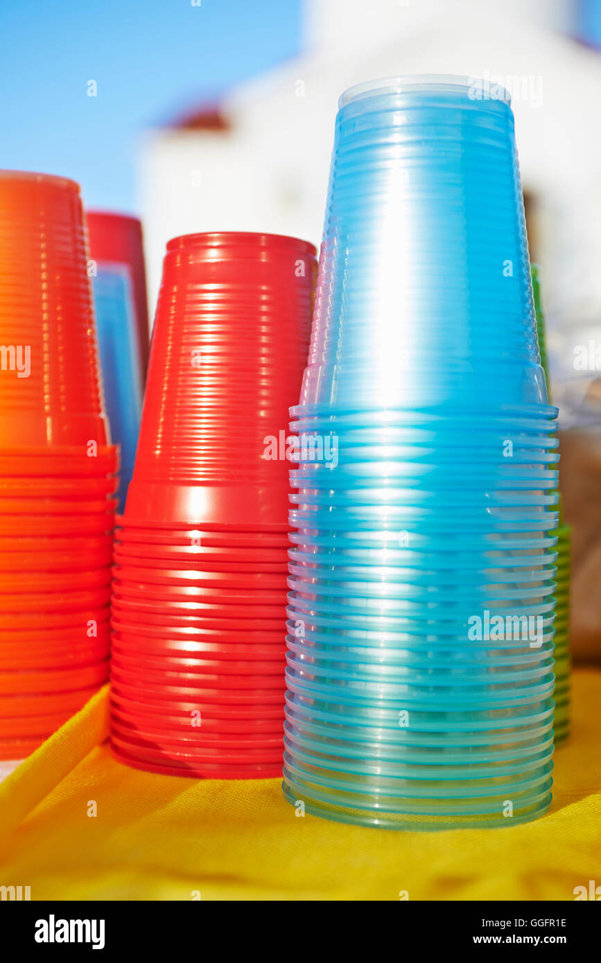 many colorful plastic cups in a party Stock Photo - Alamy