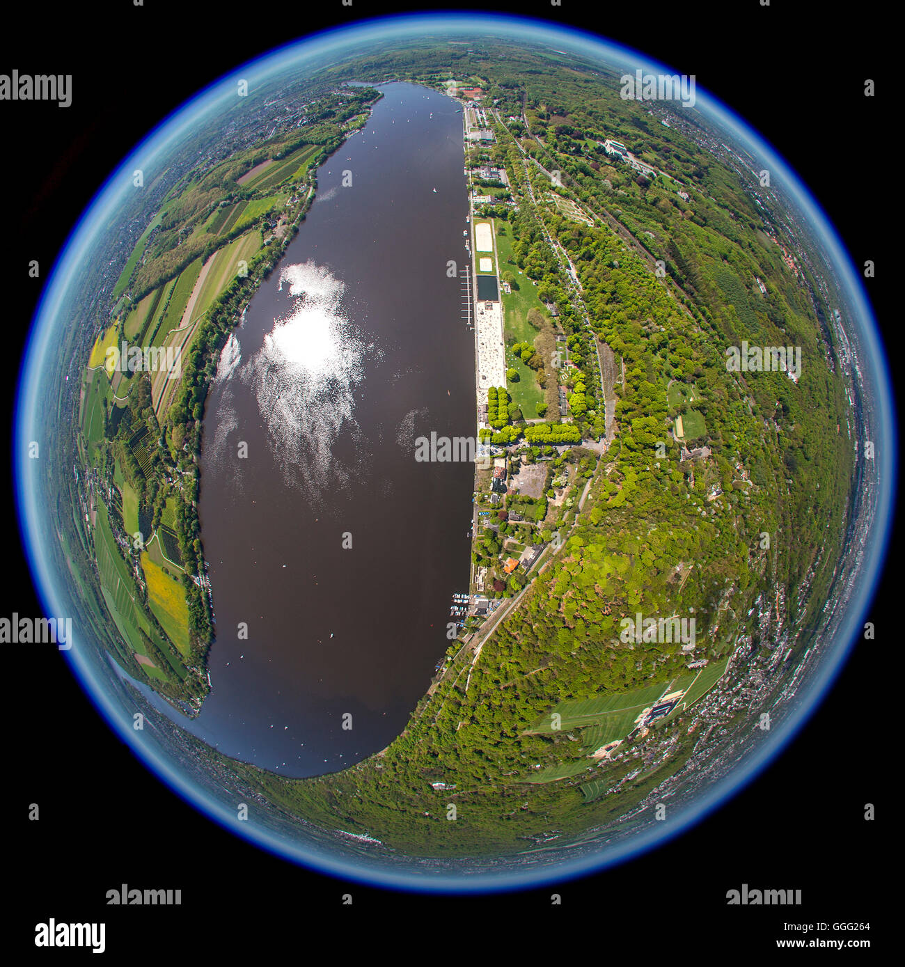 Aerial view, aerial view of Essen, Baldeneysee Seaside Beach with globe ...