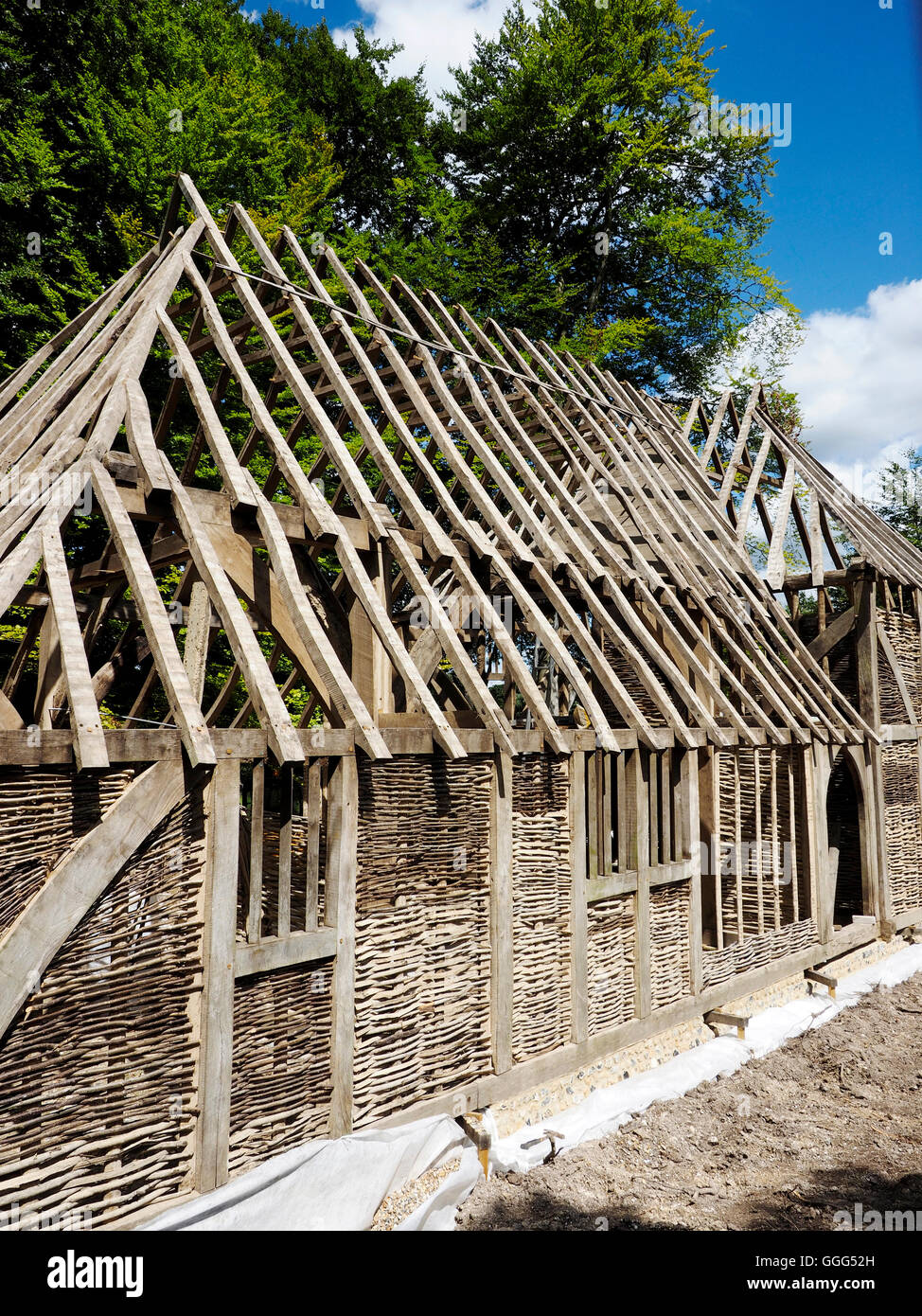 The framework of a Tudor timber framed building under re-construction ...
