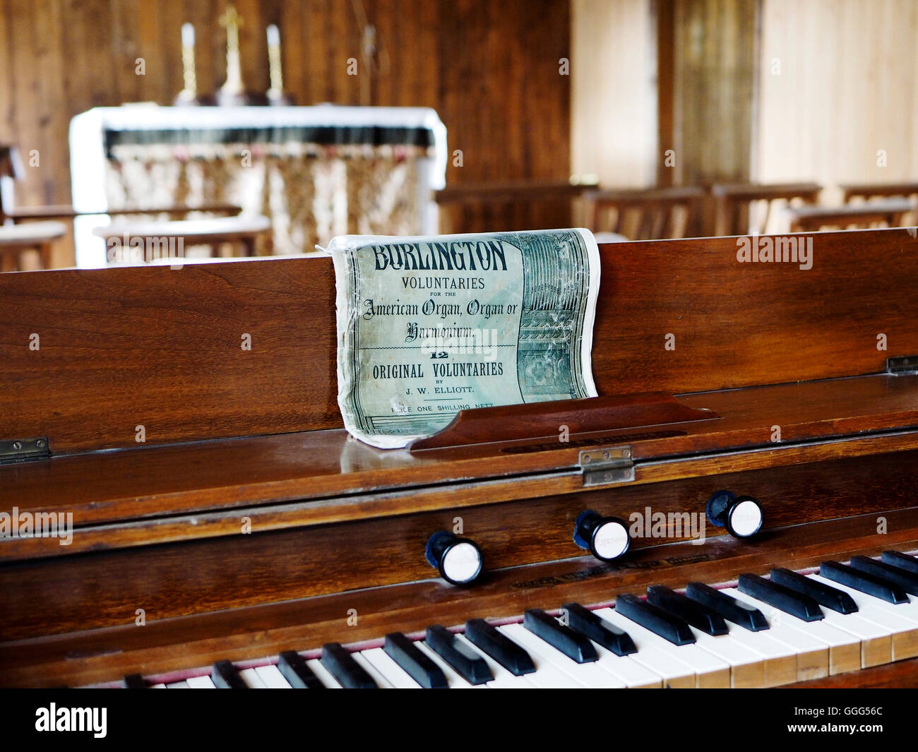 Sheet music on a harmonium inside a tin tabernacle church from South ...