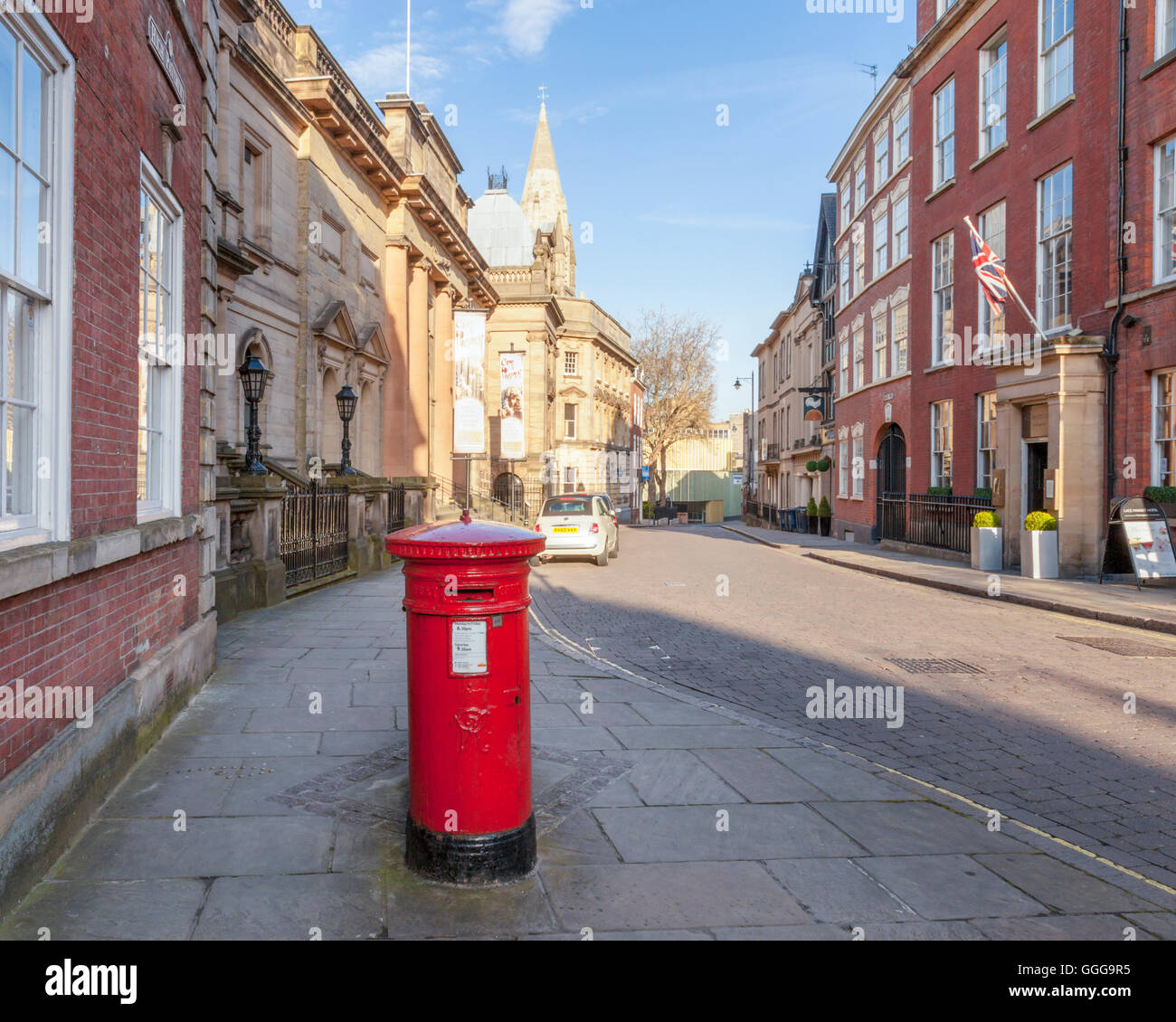 Traditional red post box or pillar box on High Pavement in the Lace ...