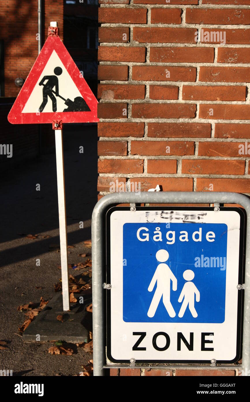 worker and pedestrian Traffic signs in denmark Stock Photo - Alamy