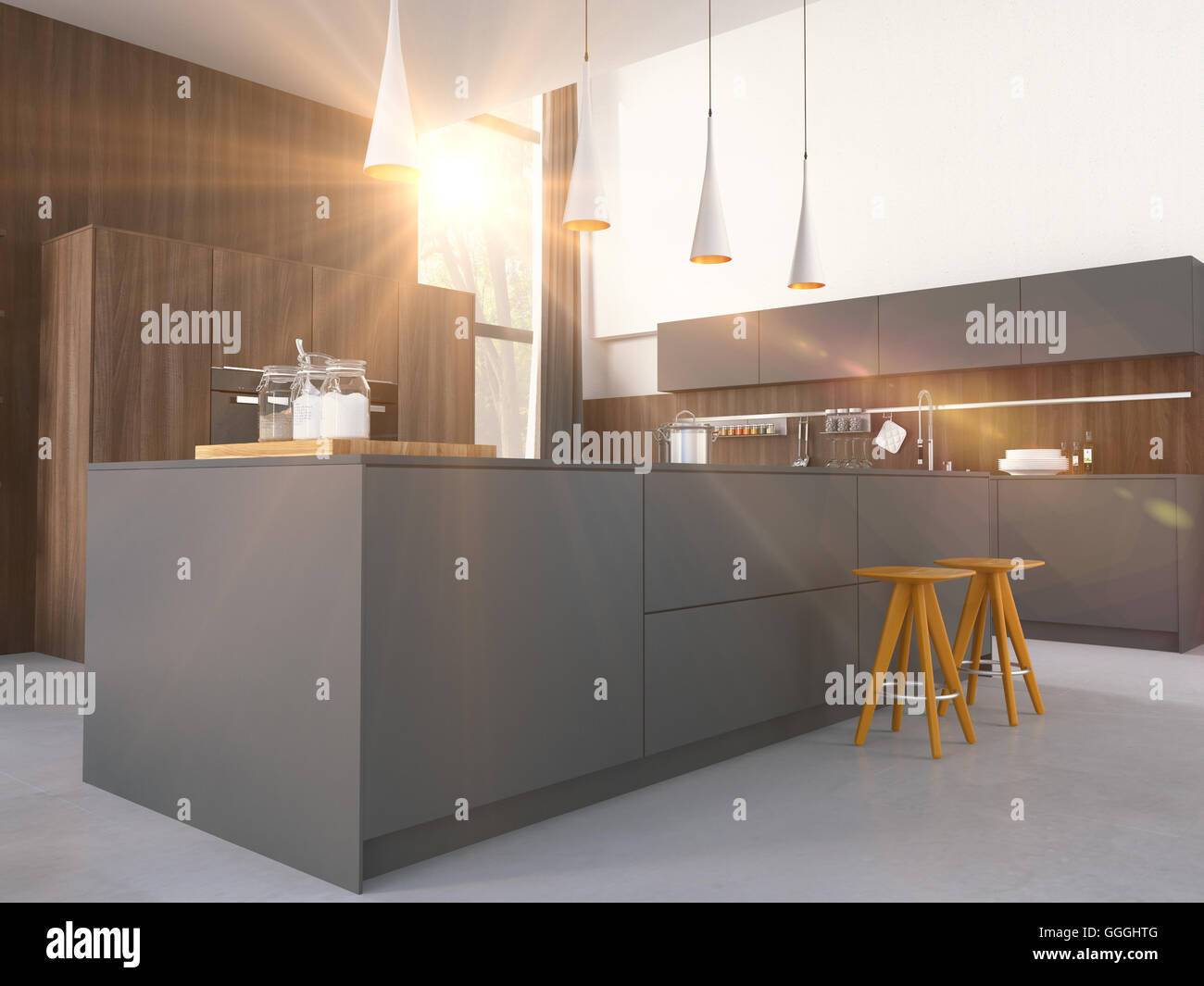 modern kitchen in a house or apartment. 3d rendering Stock Photo - Alamy