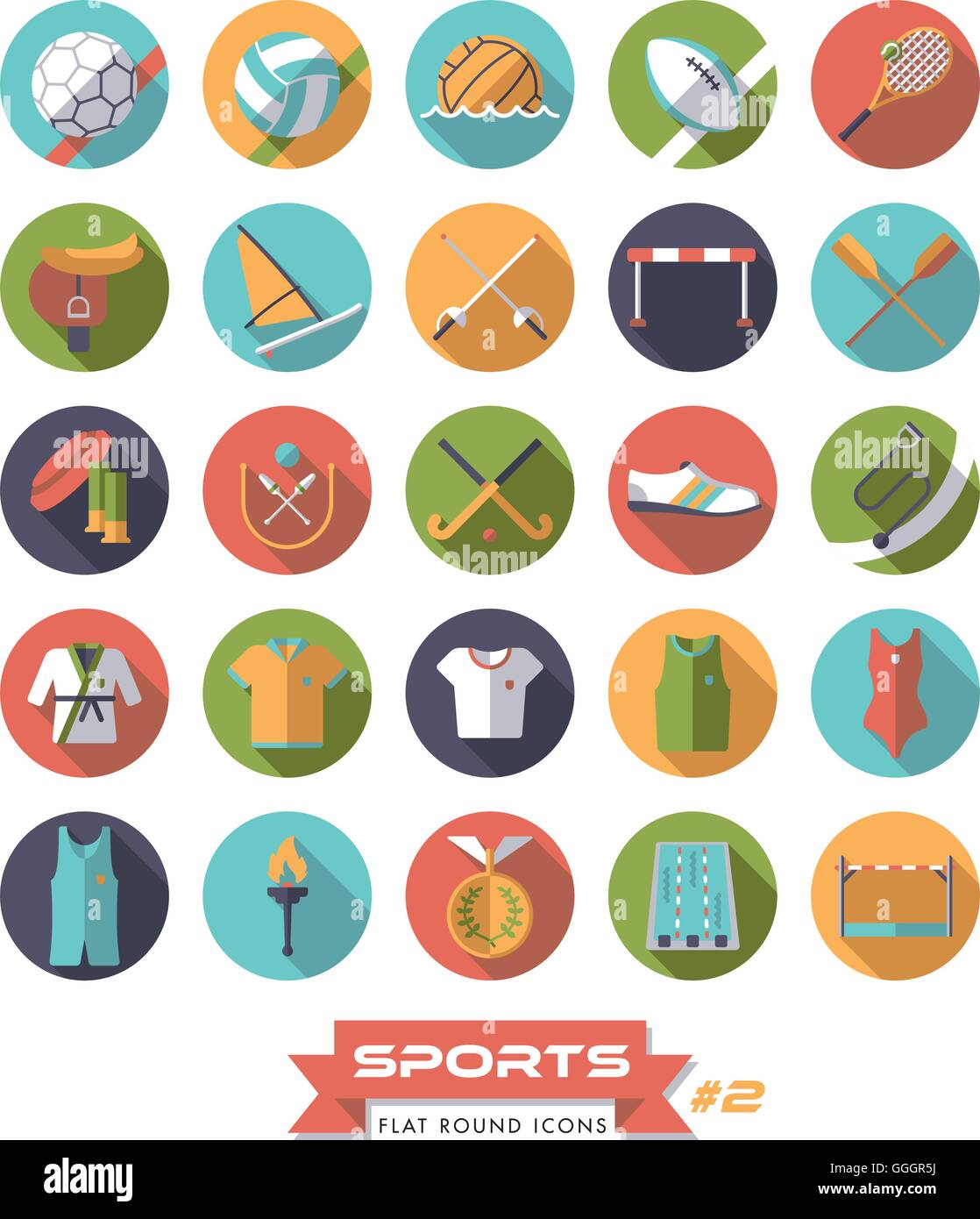 Collection of circular sports icons, flat design, long shadow Stock ...