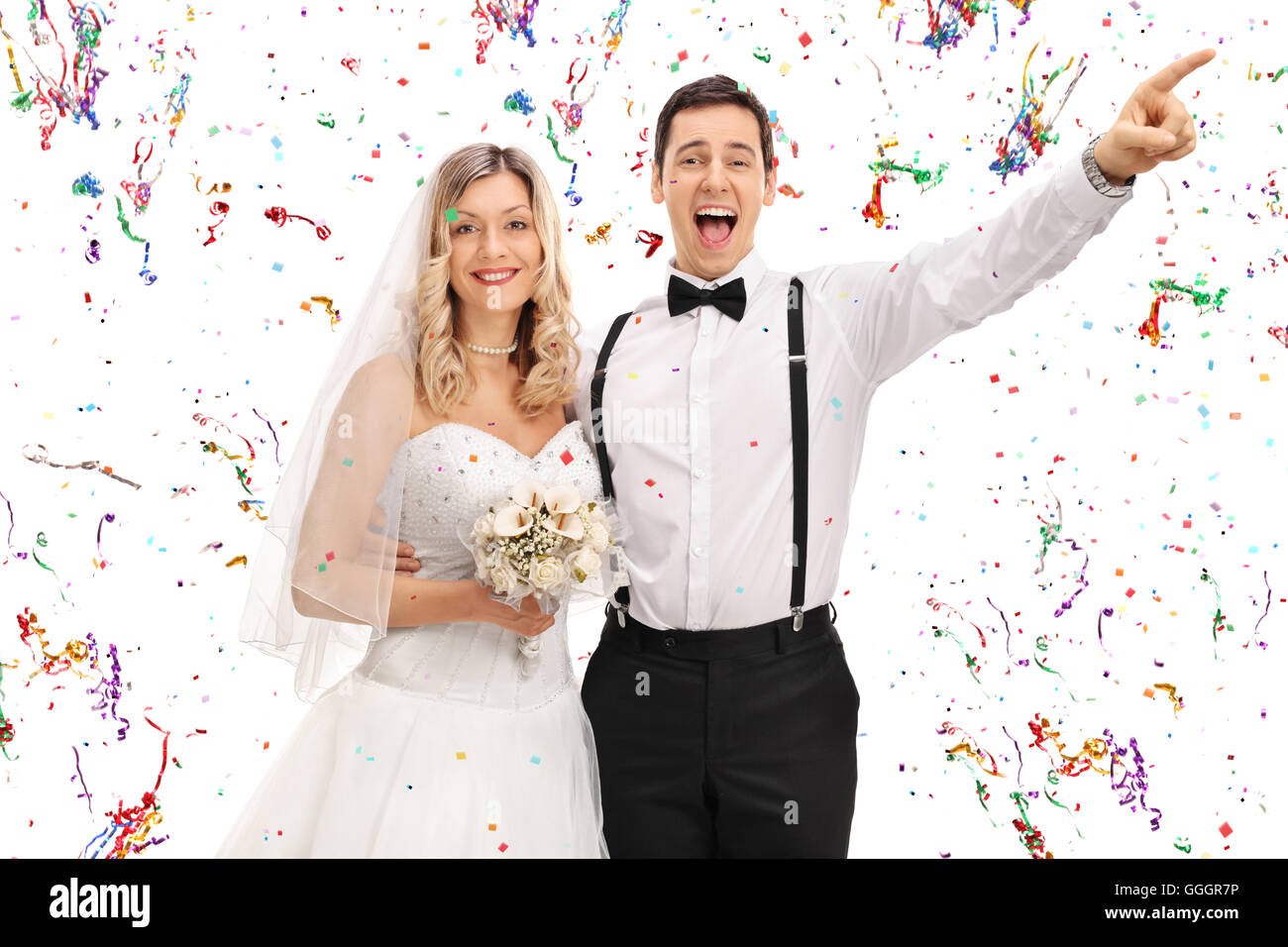 Excited newlywed couple celebrating their marriage isolated on white ...