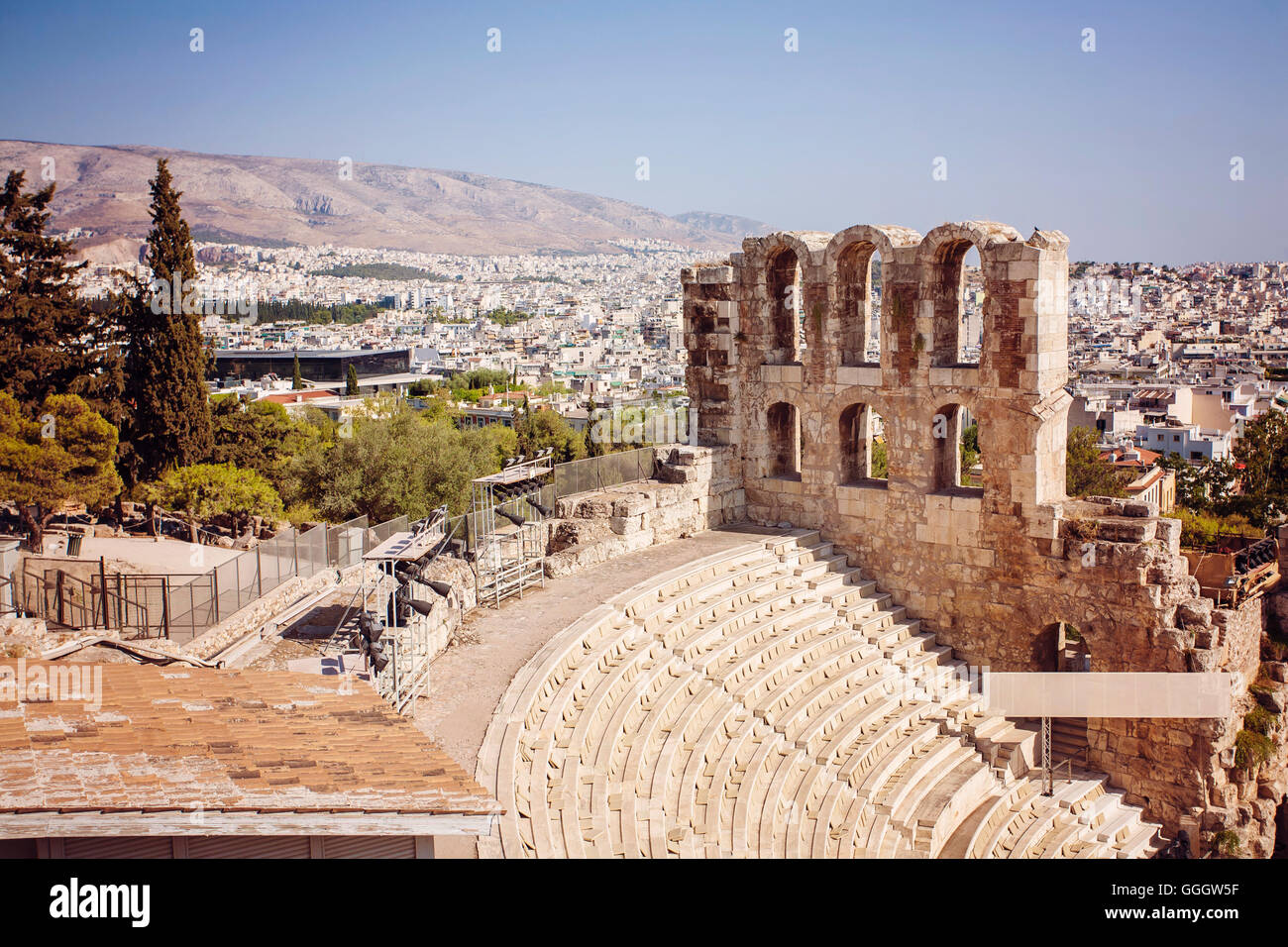Amphitheater of the Acropolis of Athens with view on the city. UNESCO ...