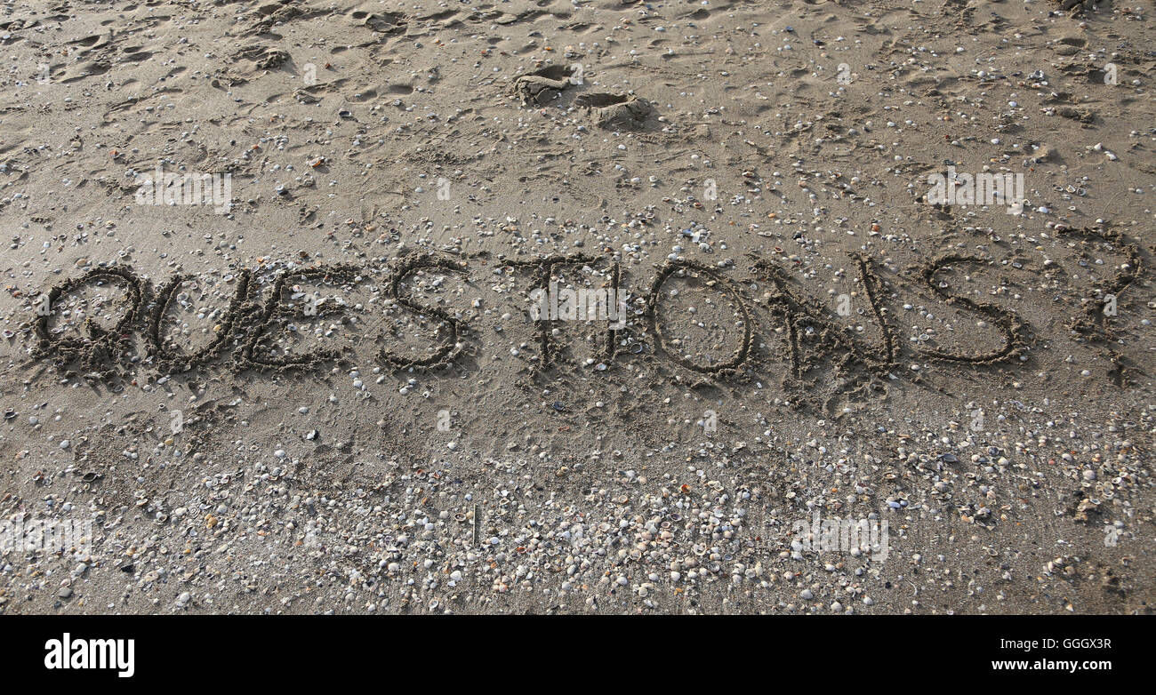 QUESTIONS big written on the beach sand Stock Photo - Alamy