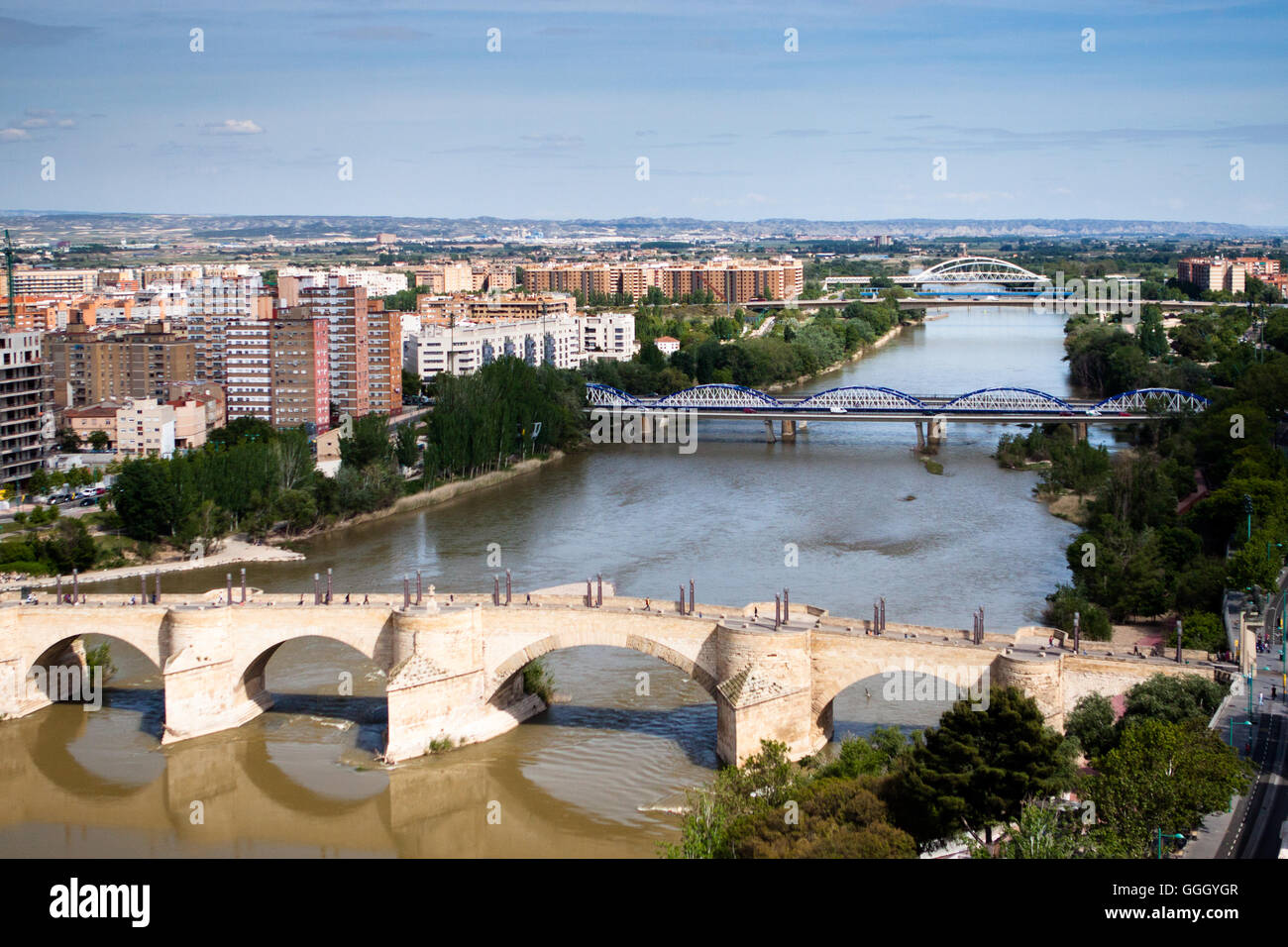 Aerial view of Ebro river and Stone Bridge in Zaragoza (Spain) from ...