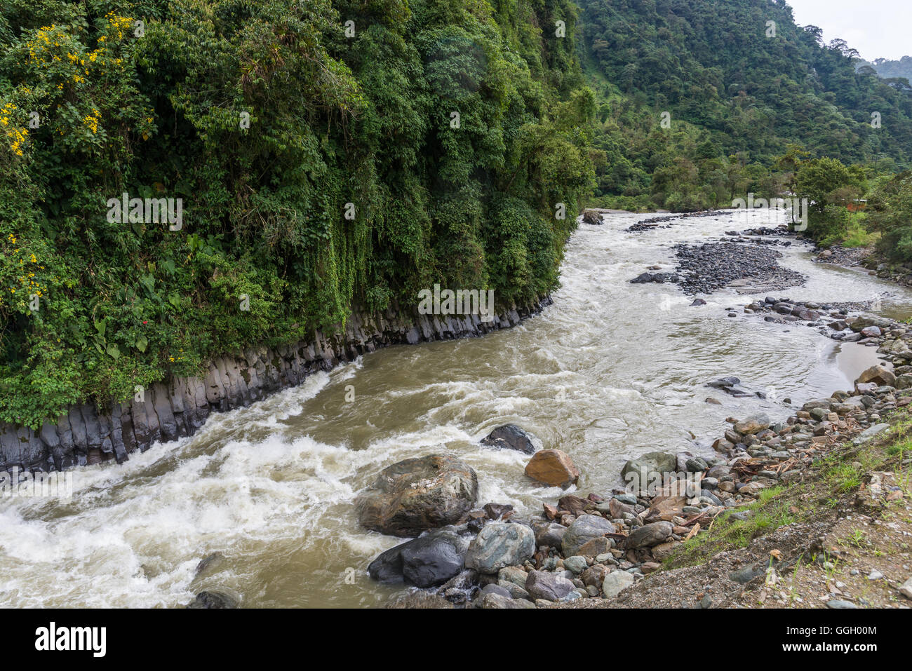 River carved into basalt bed rock and exposes columnar joints in the ...