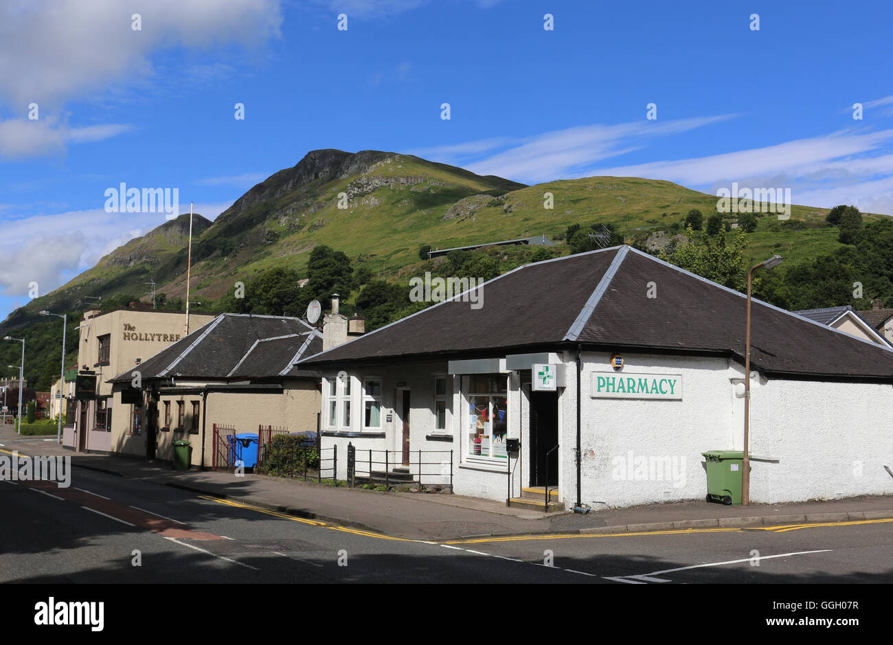 Menstrie street scene with Ochil Hills Clackmannanshire Scotland July ...