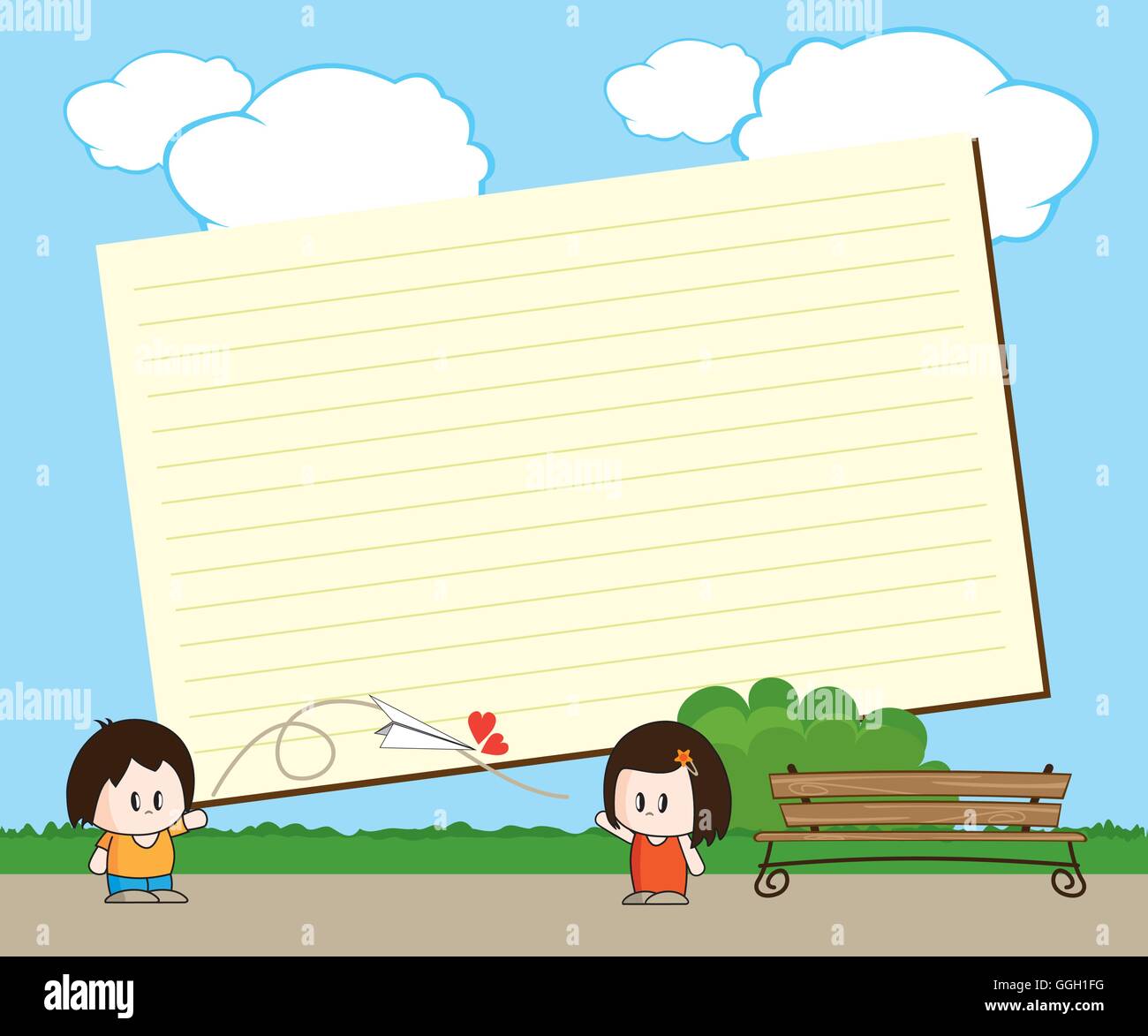Note Card with a couple in love catch and throw paper plane at the park ...