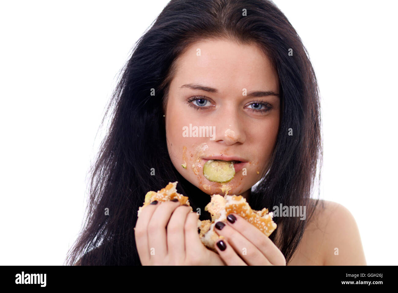 Beautiful woman with sandwich Stock Photo - Alamy