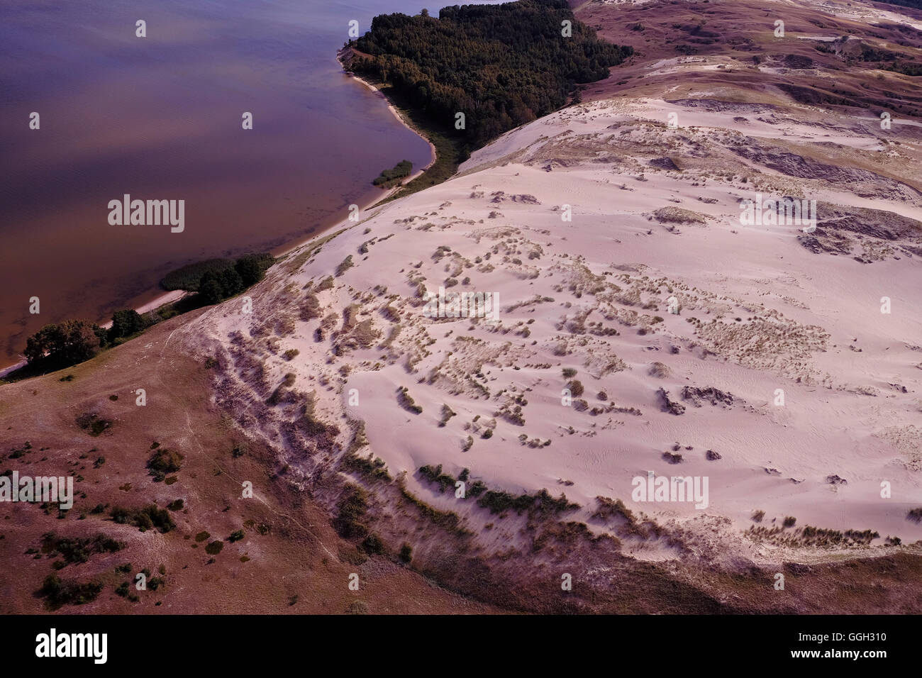 Aerial view of a strip of moving dunes on the Lagoon side between ...
