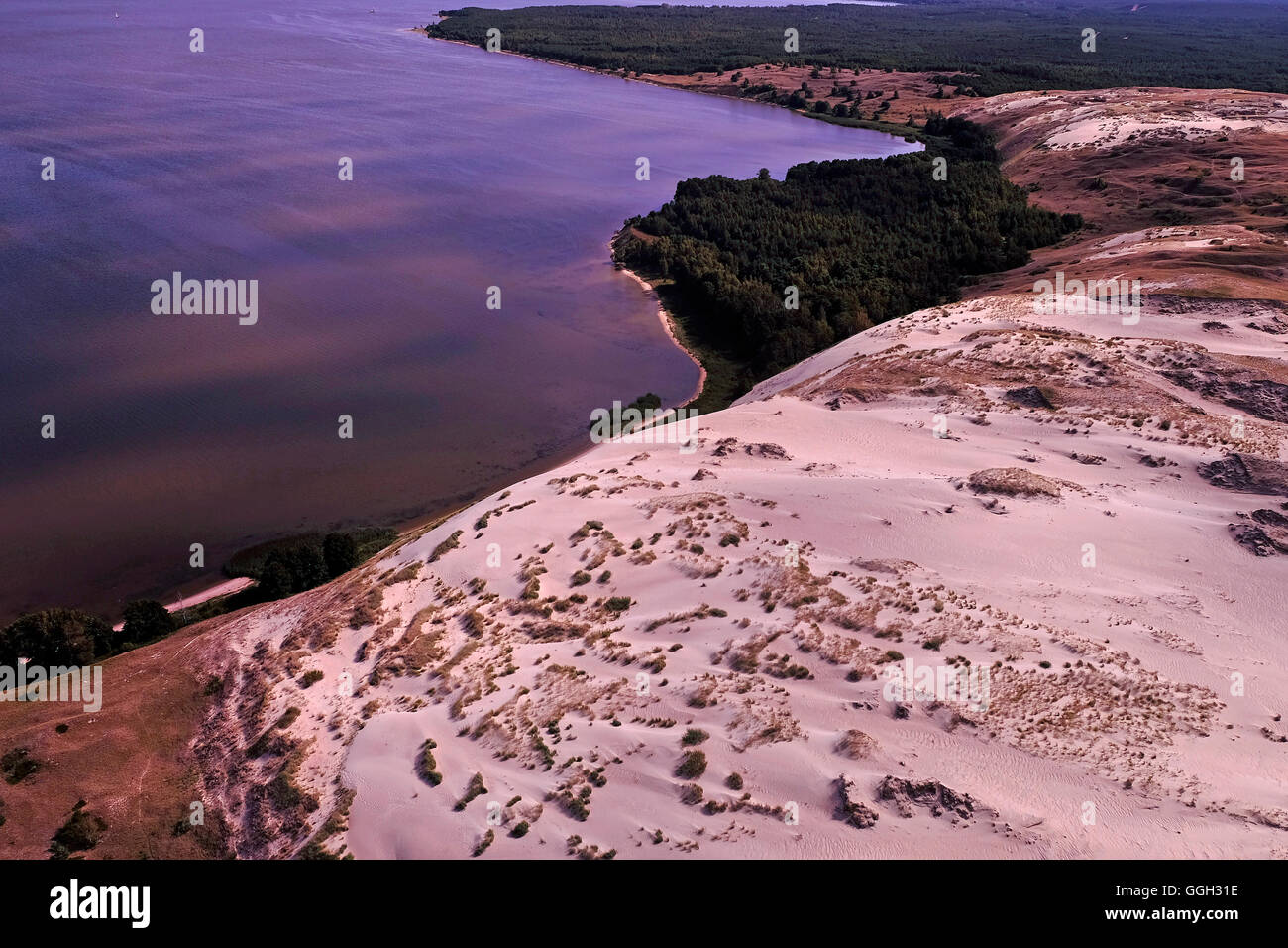 Aerial view of a strip of moving dunes on the Lagoon side between ...