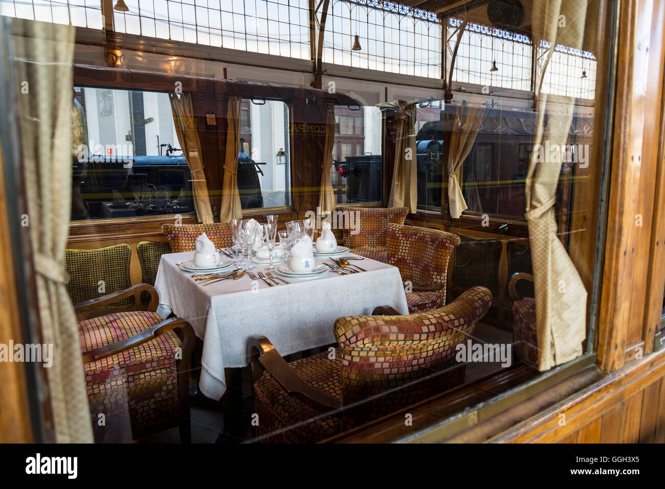 Dining room in a an old train, Railway Museum, housed in a redundant ...