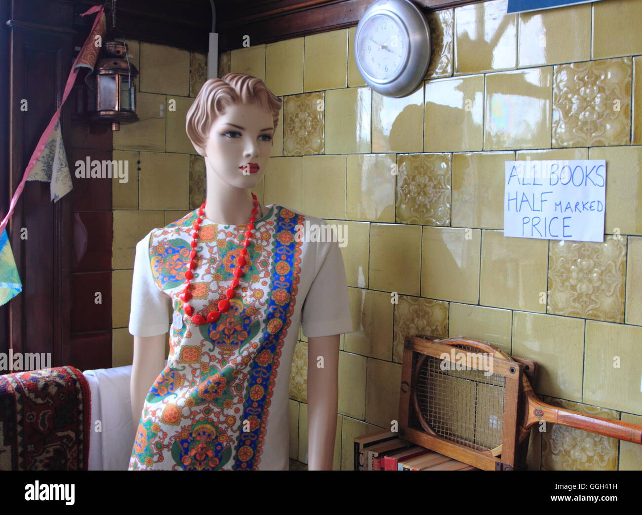 Vintage shop dummy in retro attire inside Heeley Bank Antiqees Centre ...